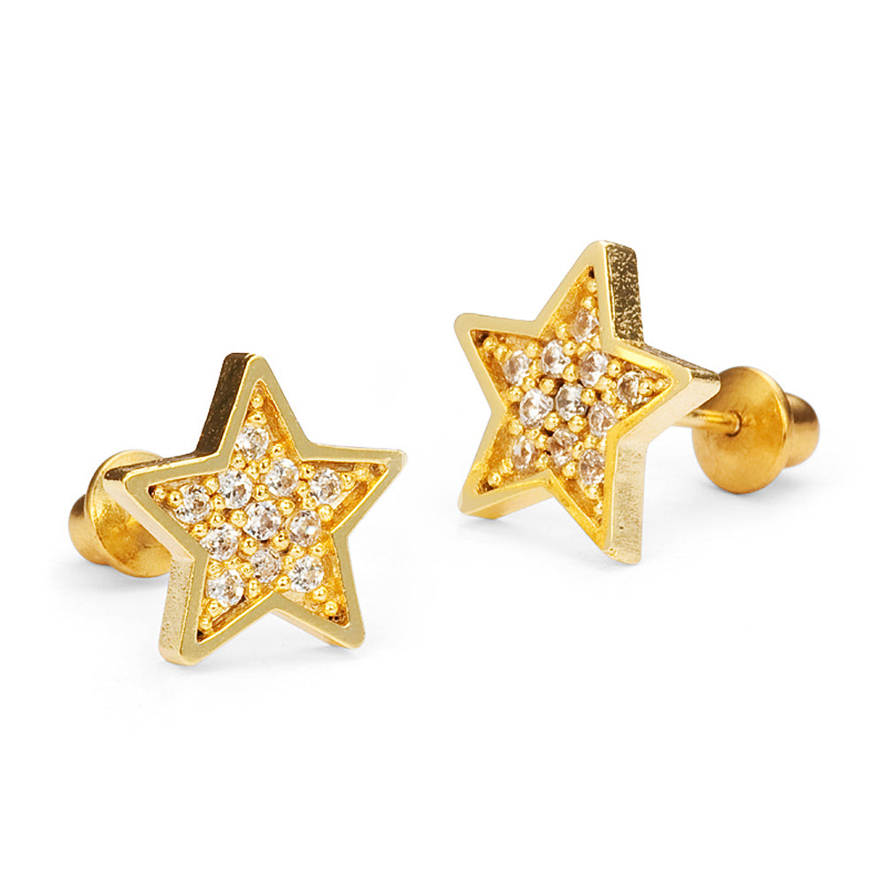 14k Gold Plated Brass Star CZ Screwback Baby Girls Earrings with Silve ...