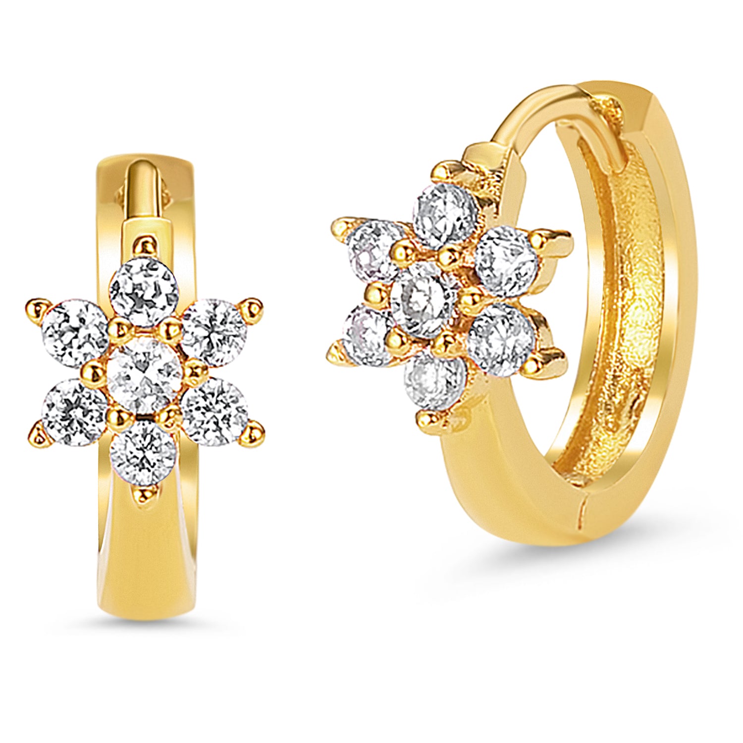 14k Gold Plated Brass Birth Month CZ Flower Baby Hoop Huggie Baby Girl ...