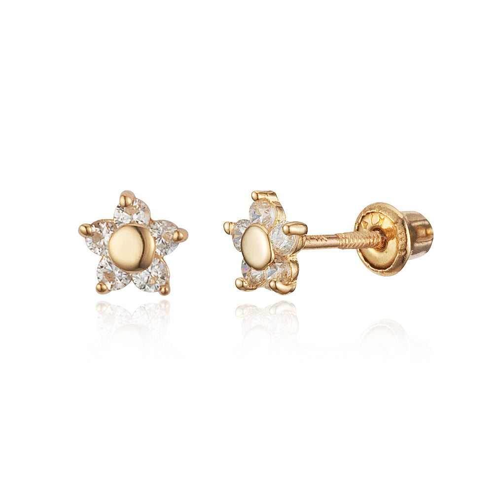 14k Yellow Gold Flower CZ Children Screwback Baby Girls Stud Earrings ...