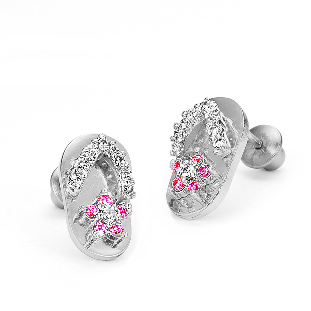 925 Sterling Silver Rhodium Plated Sandal CZ Screwback Baby Girls Earr ...